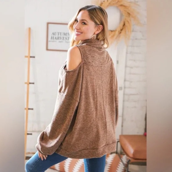 kelzposh | Sweaters | The Simone Sugarfox Brown Textured Cold Shoulder Turtleneck Sweater | Poshmark